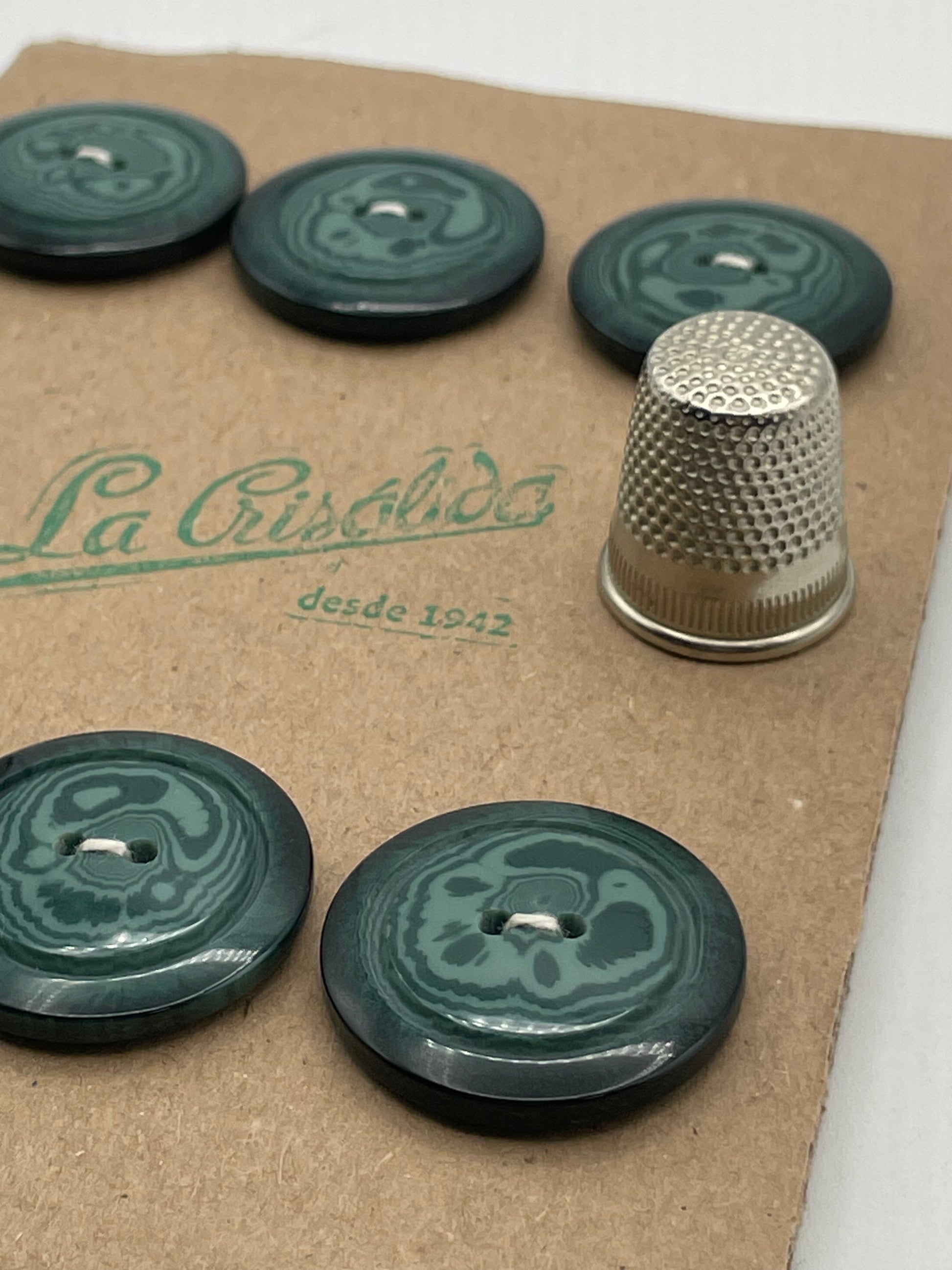 Cartón con 6 botones vintage de pasta color verde alga. Edición especi ...