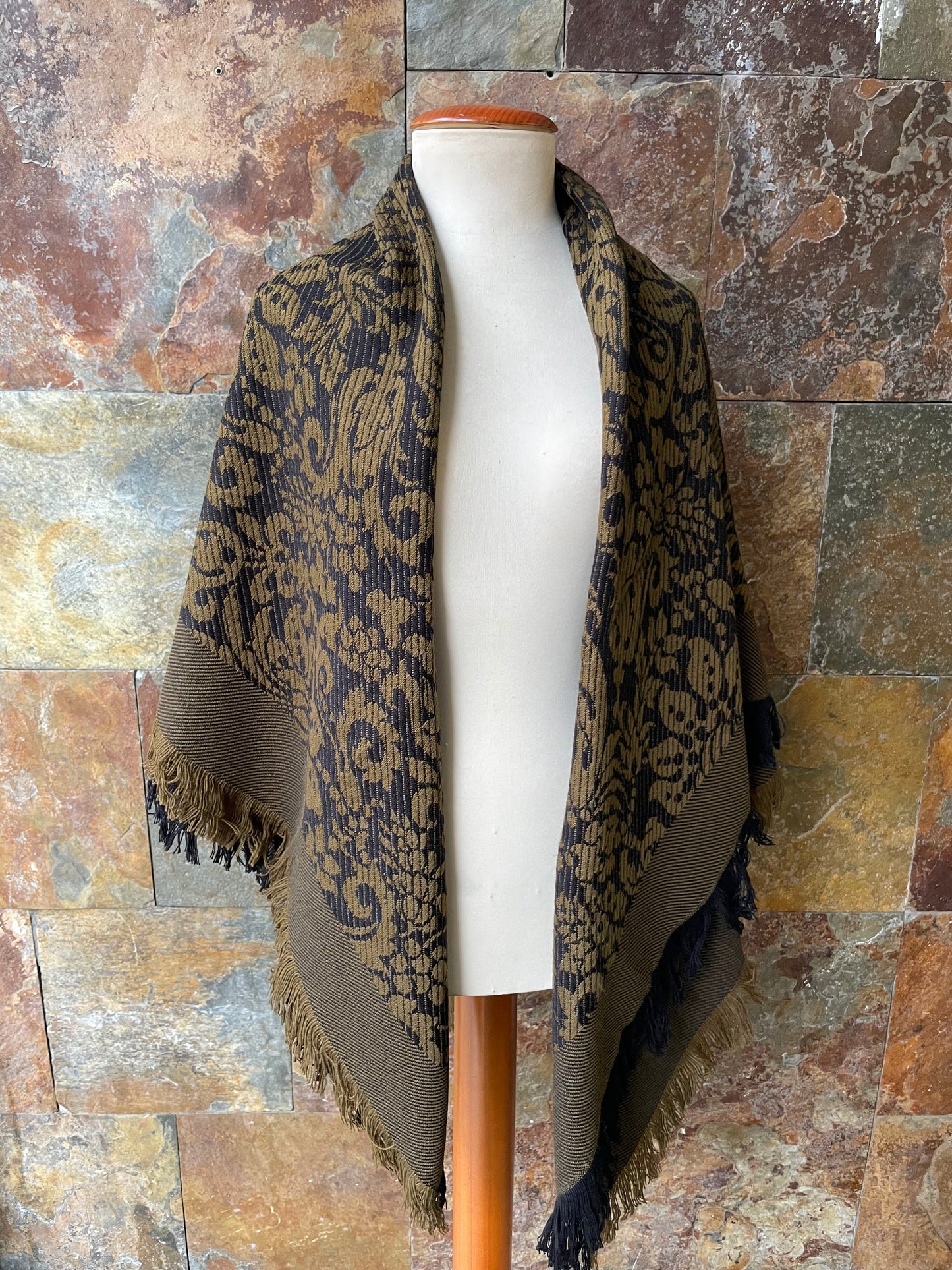 Manta vintage francesa con fleco en colores verde y negro 120 x 120 cm ...